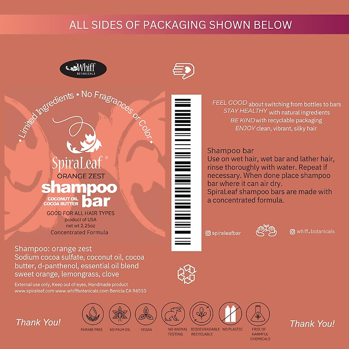 Spiraleaf Shampoo & Shave Bar, Sweet Orange & Lemongrass Essential Oils, Limited Ingredients, Concentrated Formula, USA Made (Orange Zest)