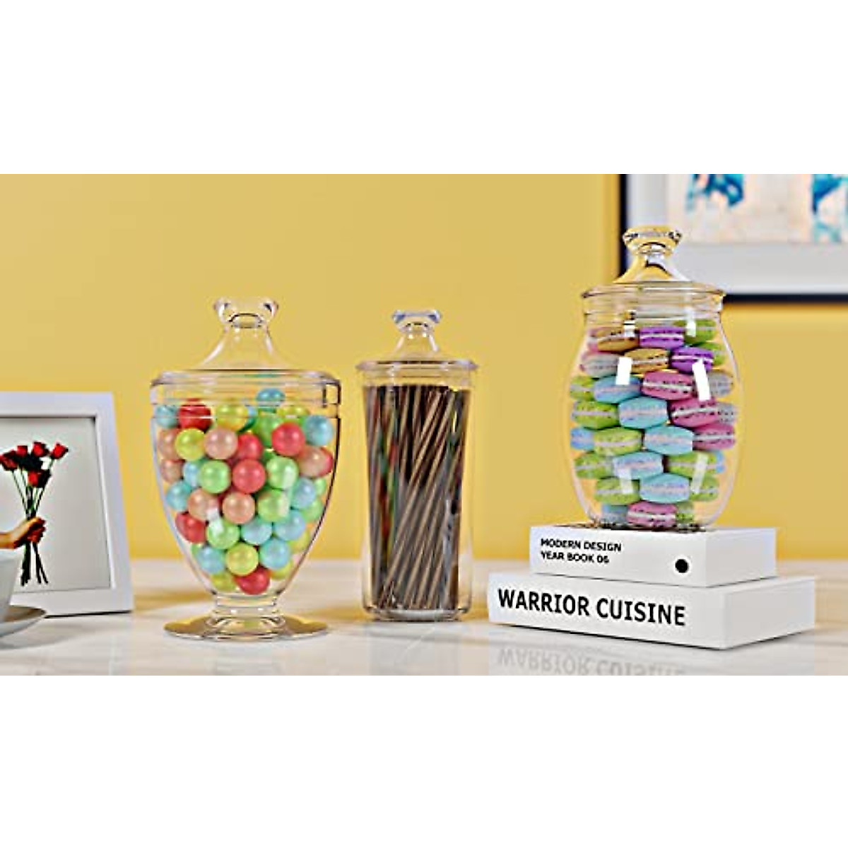 Amazing Abby - Adore - Acrylic Apothecary Jars (3-Piece Set), Plastic Jars with Lids, Bathroom Canisters, Vanity Organizers, Candy Buffet, Wedding Display, BPA-Free and Shatter-Proof