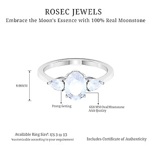 Certified Moonstone 3 Stone Engagement Ring for Women, AAA Quality, Past Present Future Ring - With Jewelry Box, 14K White Gold, Size:US 6.50