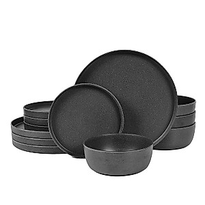 Webbylee Melamine Dinnerware Set - 12pcs Matte Round Plates and Bowls Set Indoor and Outdoor use Summer Camping Dish Set for 4 Dishwasher Safe-Dark Gray
