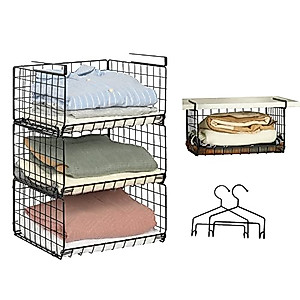 3-Tier Under Closet Shelf Basket Hanging Clothes Storage Organizer Slides Under Shelves Space Saving Stackable Cabinet Bins Foldable Metal Wire Rack with 2 Hooks for Clothing Sweaters Bedroom