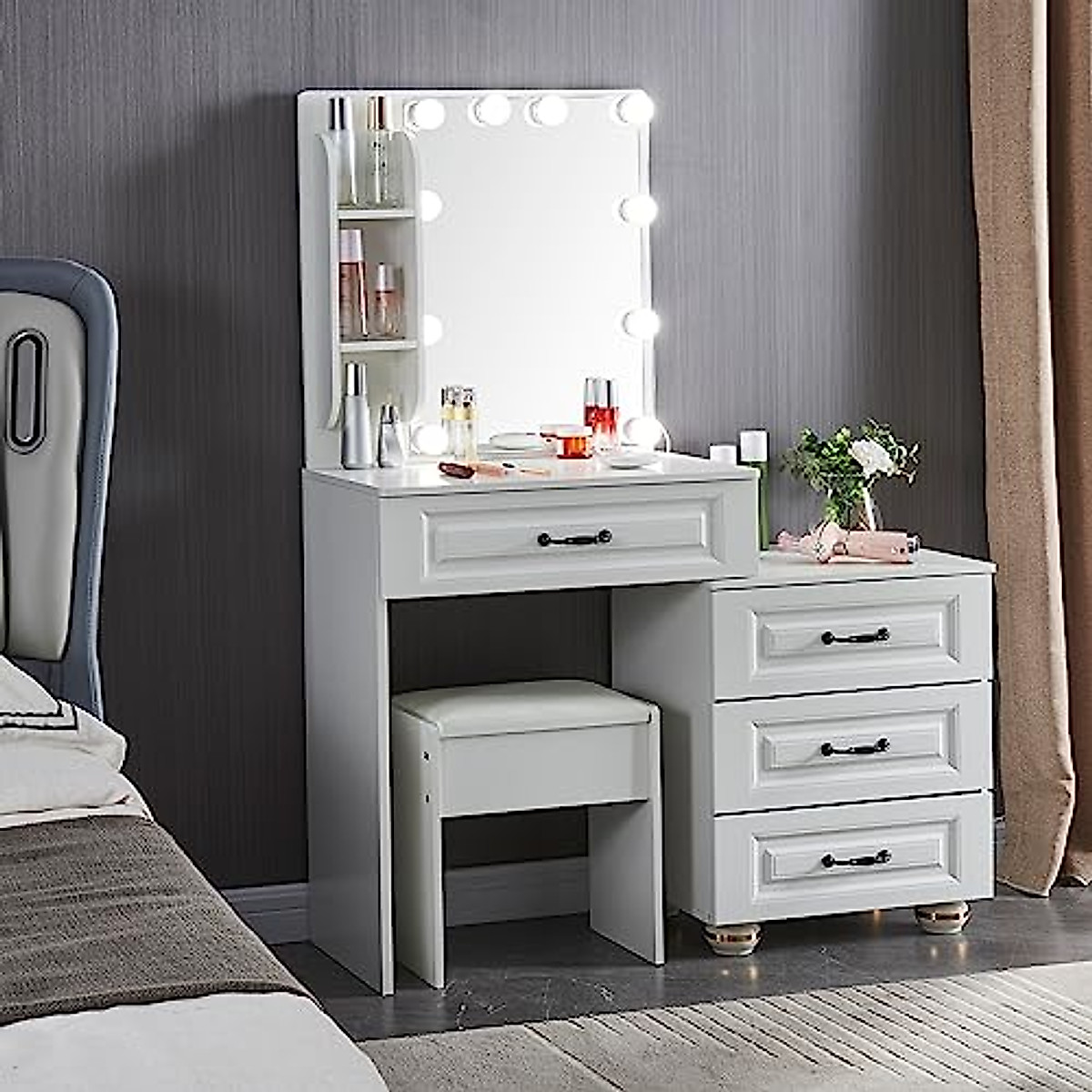 White Vanity Set, Makeup Vanity Desk with Lighted Mirror and Cushioned Stool, Bedroom Set with 4 Drawers and Shelves for Women, Girls