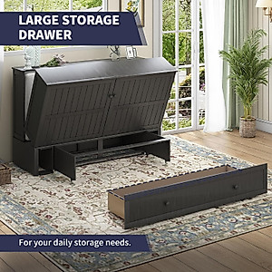 ijuicy Murphy Bed Queen,Cube Chest Cabinet Bed with Charging Station & 3 Level Foldable Memory Foam Mattress & Large Drawer for Guests/Bed Room-Grey