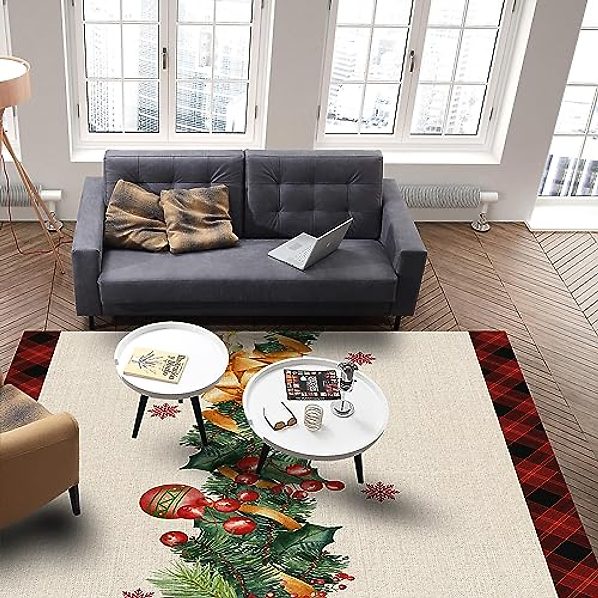 Area Rug 2.7x3 Ft Christmas Poinsettia Snowflakes Plaid Border Machine Washable Area Rugs Non Shedding Floor Carpet Rubber Backing Non-Slip Indoor Mats for Living Room Bedroom Kitchen