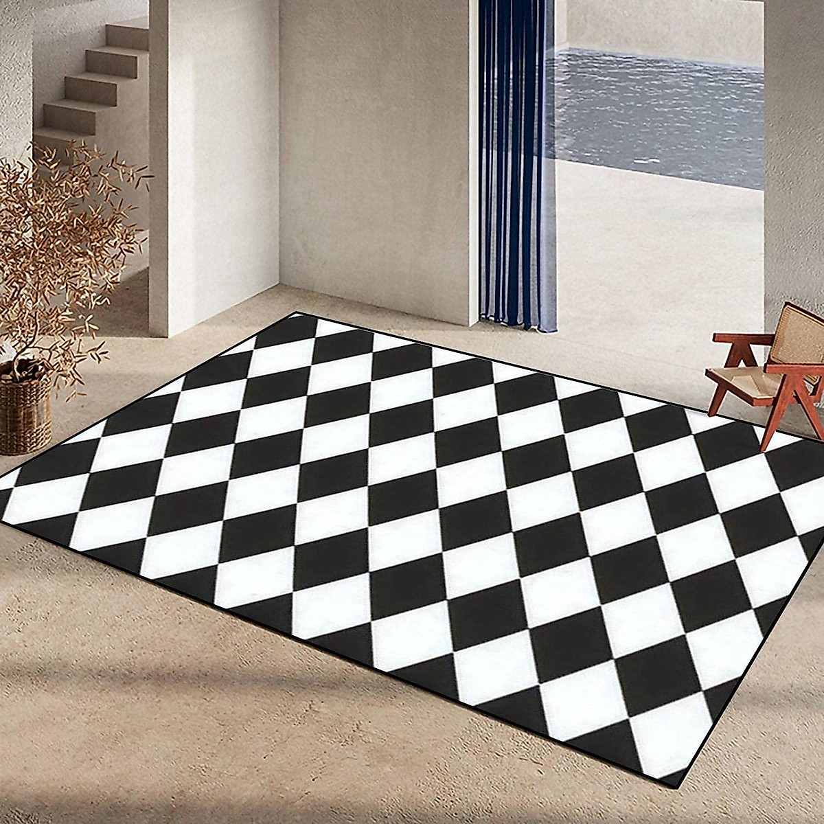 Black and White Area Rugs, Diamond Shape Pattern Background Entryways Mat, Machine Washable Soft and Comfortable for Room Living Room Office Dining Indoor Outdoor Hallway(3x5ft