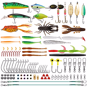 GOTOUR Fishing Lures Accessories Kit with Tackle Box, Fishing Hooks Minnow Crankbait Frog Popper Lure Worm Fishing Spoon Spinner Bait for Bass Crappie, Fishing Gear Freshwater Equipment Gifts for Men