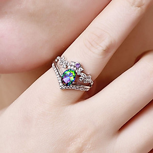 Narica Silver Plated Oval Cut Created Rainbow Topaz CZ Cubic Zirconia Filled Eternity Halo Cocktail Party Wedding Engagement Statement Band Elegant Women's Crown Ring for Mom Bridal Lover Gift 6#