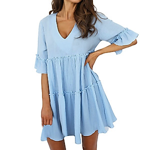 Dresses for Wedding Guest Women Solid Color V Neck Short Sleeve Casual Shirt Dress Beach Holiday Dress for Women