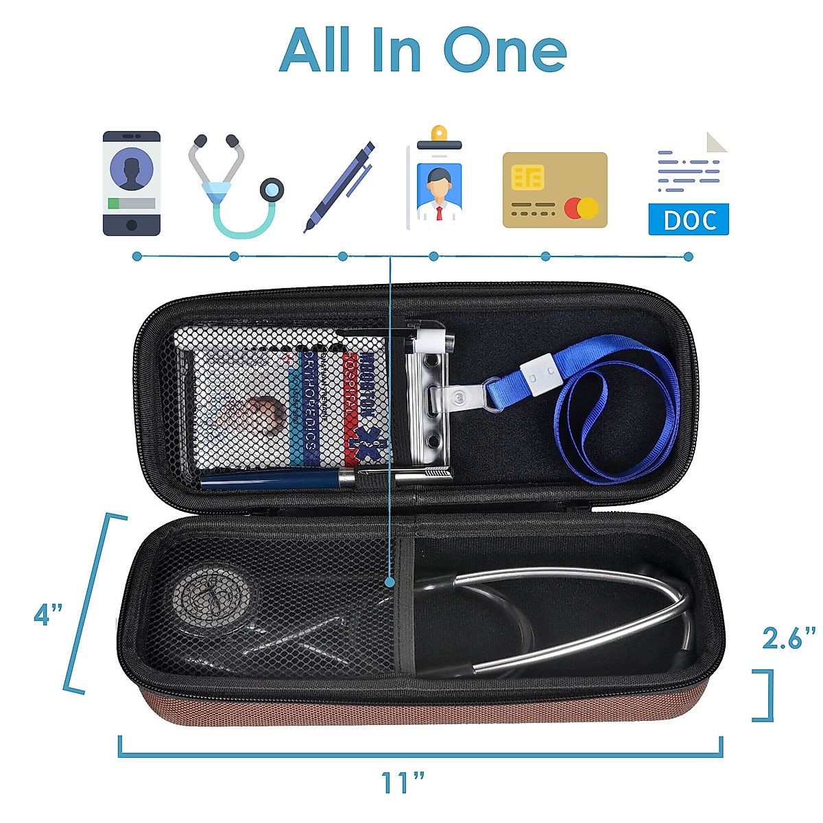 Ryzu Stethoscope Brown Hard Case - Dual Mesh Pockets – Velvet Lining - Durable - Compatible with Littmann and Most Brands