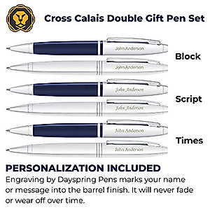 Dayspring Pens Engraved Cross Pen Set | Personalized Cross Calais Gift Double Gift Pen Set 1 Lustrous Chrome and 1 Blue Lacquer and Chrome Pen. Custom Engraved