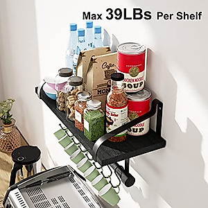 Love-KANKEI Floating Shelves for Coffee Bar,Bathroom Shelves with Towel Bar, Wall Shelves with 8 Hooks for Kitchen, 17.3 Inch Storage Shelves Set of 2 for Bedroom,Living Room，Black