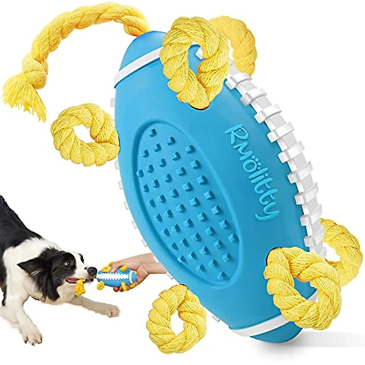 Rmolitty Squeaky Dog Toys for Aggressive Chewers - Tough Indestructible Dog Chew Toys for Large Breed Dogs with Natural Rubber (Rugby-Blue)