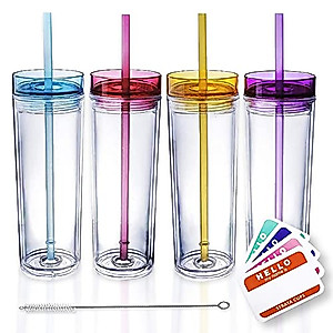 STRATA CUPS SKINNY TUMBLERS 4 Colored Acrylic Tumblers with Lids and Straws | Skinny, 16oz Double Wall Clear Plastic Tumblers With FREE Straw Cleaner & Name Tags! (Multicolor, 4)