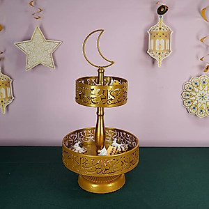 Eid Ramadan Double-Layer Pastry Tray Dinner Plate Tray Dessert Tray for Home Party Decoration, Candy Dessert Rack Iron Serving Tray for Islam Muslim Table Decor Arabic Characters (Gold)