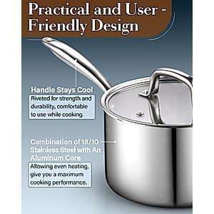 Cook N Home Stainless Steel Saucepan 3 Quart, Tri-Ply Full Clad Sauce Pan with Glass Lid, Silver