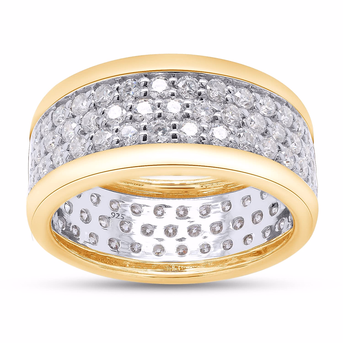 SAVEARTH DIAMONDS 1 3/4 cttw Round Lab Created Moissanite Diamond 3-Row Eternity Stackable Wedding Band Ring In 14K Yellow Gold Over Sterling Silver 1 1/2 Cttw Size-7.5