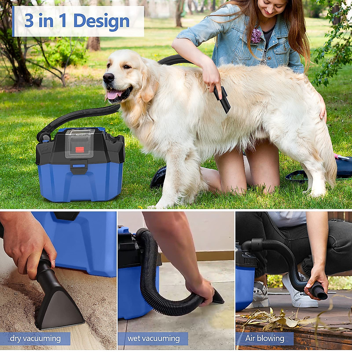 COSTWAY Wet Dry Vacuum Cleaner, 4 Peak HP 2.7 Gallon CRA Vacuum with Blower, Attachement, Rechargeable Battery, Portable Shop Vacuum Cleaner for Workshop, Car, Garage, Home (Blue)