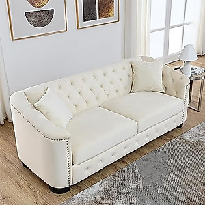 Goohome 77" Modern Chesterfield Sofa 3-Seater, Velvet Loveseat Sofá Couches for Living Room, Comforty Upholstered Tufted Backrests with Nailhead Arms and 2 Cushions, for Apartment Bedroom, C-Beige c