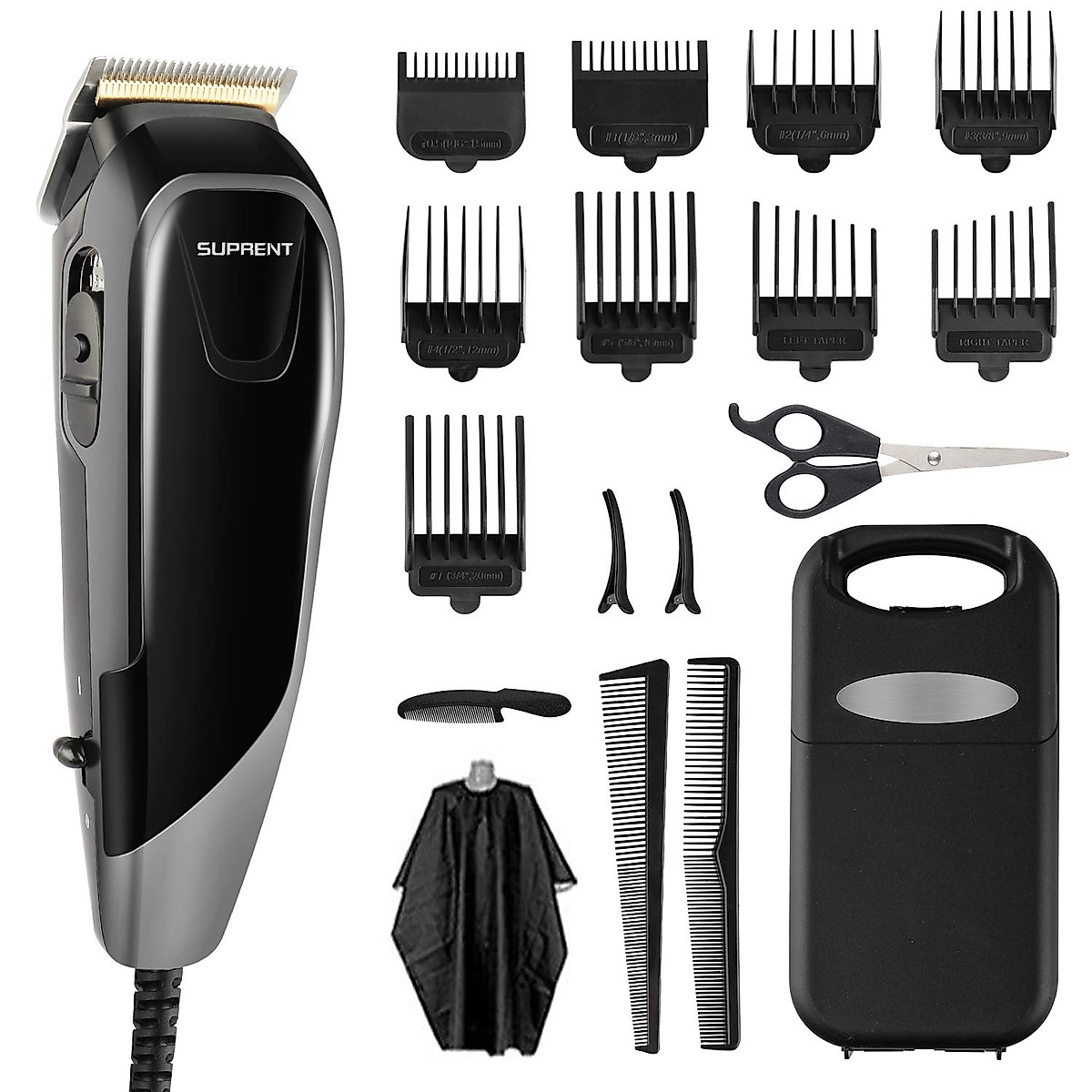 Hair Clippers SUPRENT Corded Hair Clippers for Men, 21-piece Hair Cutting Kit with 27 Cutting Length, 10 Guide Combs, Scissor, Storage Case
