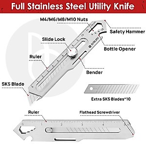 BIBURY 2 Pack Mutipurpose Utility Knife, Heave Duty Full Stainless Steel Retractable Box Cutter with 10PCS replaceable Blades (18mm Wide), Multi-functional Extended Razor Knife for Office, Home,School