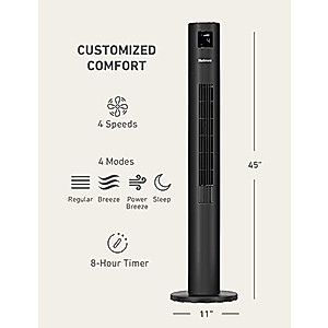 HOLMES STACK-N-CONNECT 45" Digital Tower Fan, ClearRead Display, Bonus Storage Bag, 90° Oscillation, 4 Speeds, 4 Modes, 8-Hour Timer, Home, Ideal for Bedroom or Office, Remote Control, Matte Black
