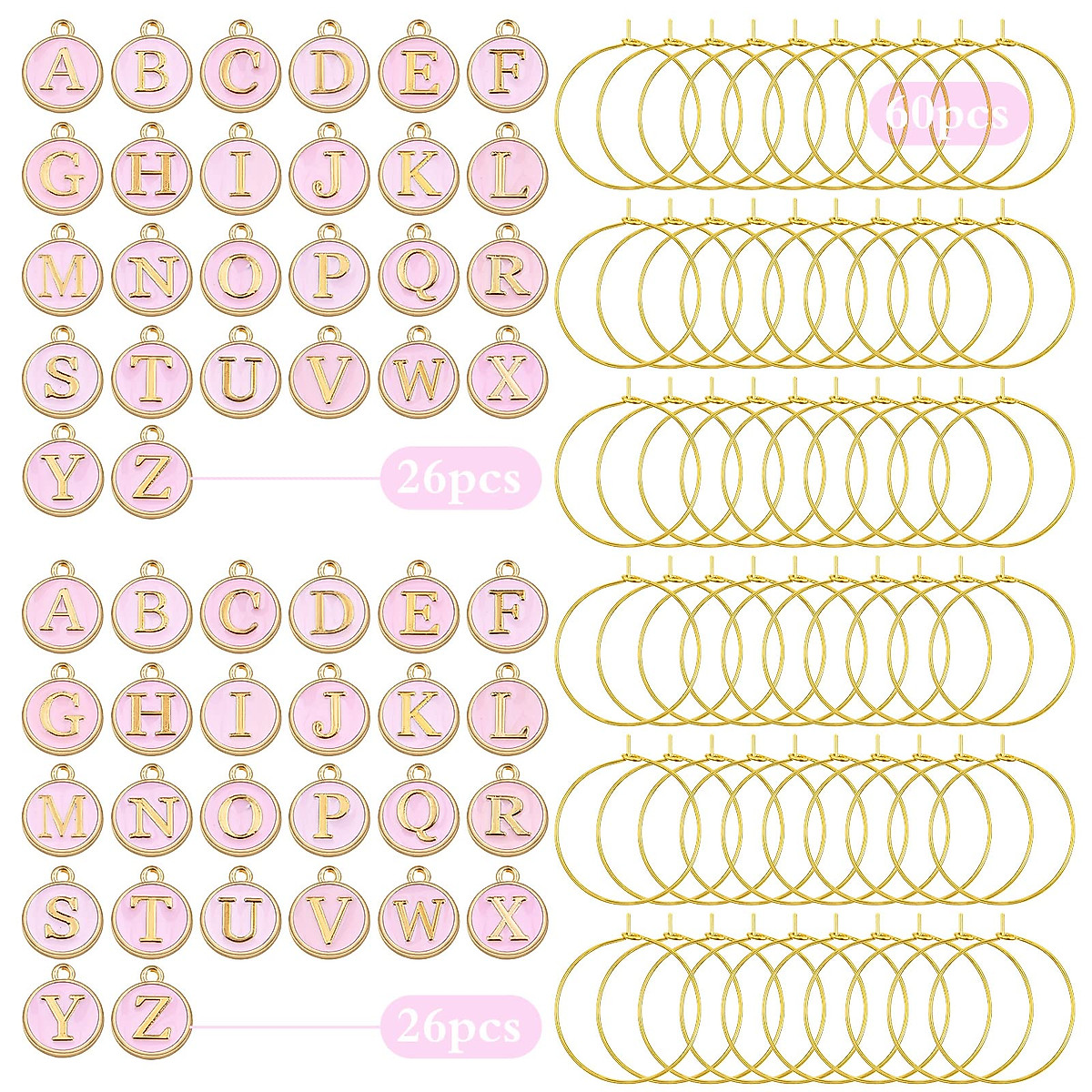 Aylifu 52pcs Round Pink Enamel Initial Letter Charms and 60pcs 25 mm Golden Wine Glass Rings Drink Identifiers Markers for Wedding Champagne Party Decoration Supplies Gifts