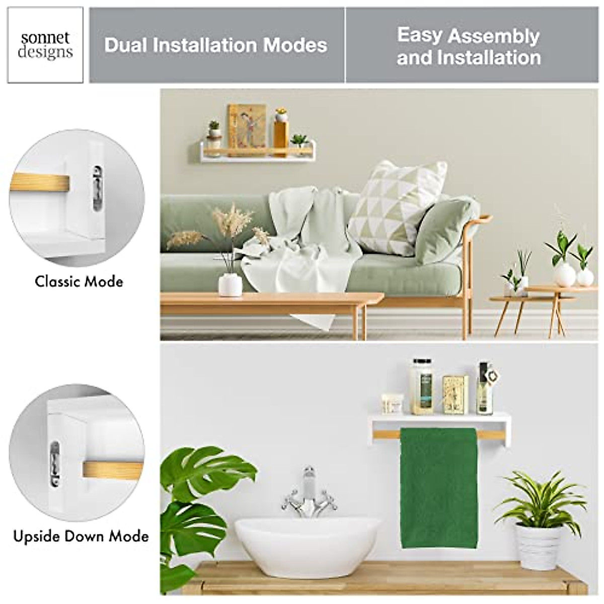 Sonnet Designs Floating Nursery Book Shelves for Wall 3 Pack White Nursery Wall Mount Bookshelf for Kids Room Toddlers Toys Wood Book Shelf Usable in Home, Kitchen, Bathroom, Floating Wall Ledge