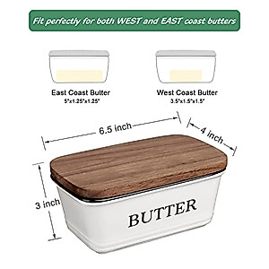Butter Dish with Lid for Countertop - Large Ceramic Butter Container Holder with Acacia Wooden Lid for Counter - For Modern Kitchen Decor and Accessories - White