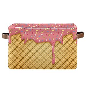 Kigai Ice Cream Cone Storage Basket 1pc, Large Collapsible Toys Clothes Organizer, Durable Canvas Storage Bin with Handle for Shelves Closet Laundry Home Office Decor
