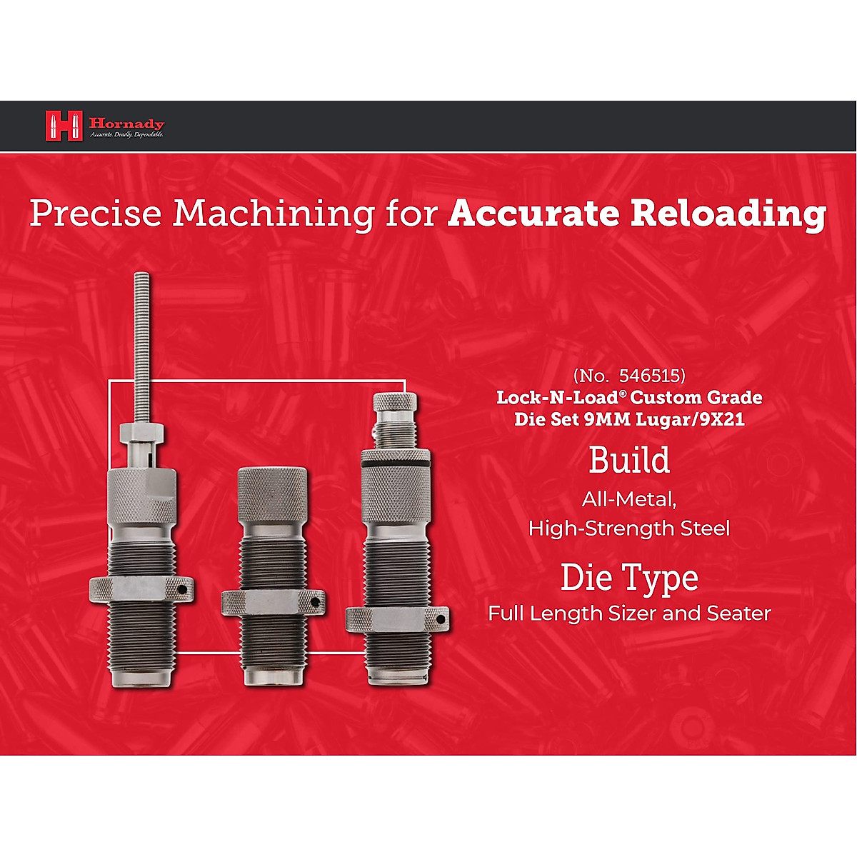 Hornady Custom Grade New Dimension 3-Die Set, 9mm Luger 9x21(.355) (546515) -Caliber Specific Reloading Equipment for Handloaders with Full Length Sizer Die, Seating Die, Sure-Loc Rings, & Storage Box