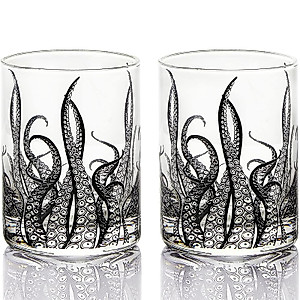 Octopus Tentacle Whiskey Glassware | Set of 2 | 9 OZ Handmade Craft Beer, Cocktail, Water, Bar Rock Glass - Kraken Tumbler Gift Set, Old Fashioned Rocks Glasses, Antique Design Extraordinary Detail