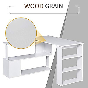 HOMCOM 360 Degree Rotating Home Office Desk L Shaped Corner Computer Desk with Storage Shelves, Writing Table Workstation, White