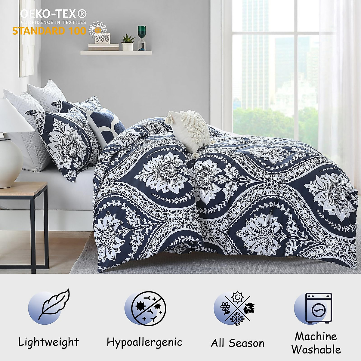 Bedduvit Cotton Duvet Cover Queen - Navy Blue Damask Queen Duvet Cover Set,Breathable Minimalism Damask Patterned Duvet Cover Queen with Zipper Closure & 8 Ties (90"x90", No Comforter)