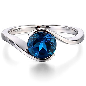 LUO S925 Sterling Silver Round Shaped 7 MM London Blue Topaz Ring Bypass Solitaire Wedding Ring Birthstone Ring for Women US Size 7.5