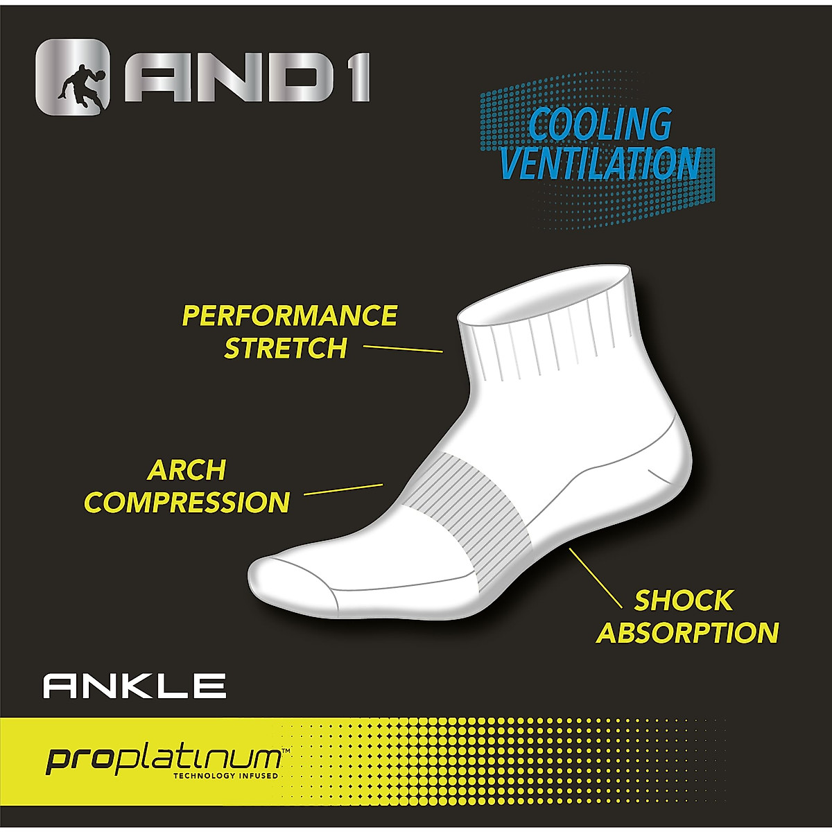 AND1 Men's Socks - PROPLATINUM Lightweight Quarter Cut Socks (24 Pack), Size 6-12.5, Black