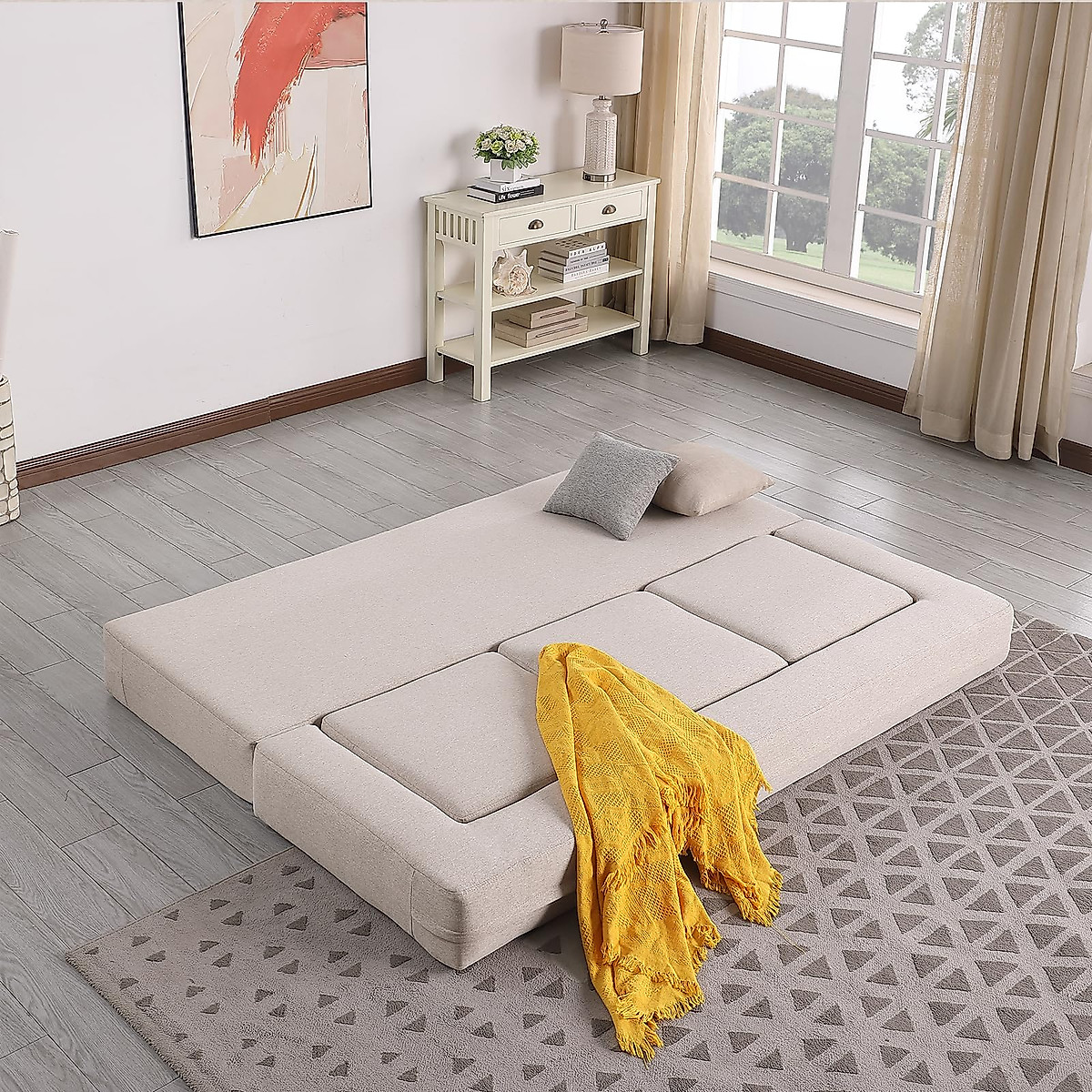 Hooxnome Folding Sofa Bed Floor Sofa Couch Foam Bed with 3 Ottoman, Linen Fabric Sofa, Multi-Function Cushioned Mattress Sleeper Simple Sofa Comfortable Couch for Living Room, Guest Bed, Futon (Beige)