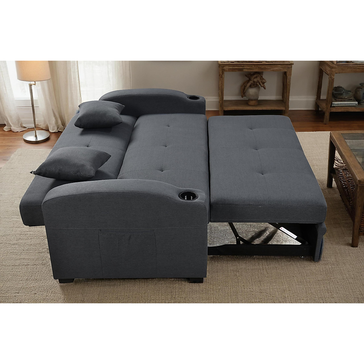 ZIGHTH 75'' Convertible Queen Size Sleeper Sofa Bed with Cup Holders, Modern Linen Loveseat Sofa Couch with Pull Out Bed and Adjustable Backrest for Living Room, Apartment, Bedroom. Dark Blue