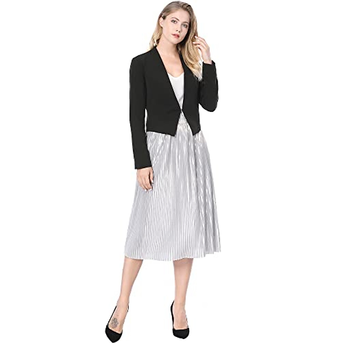 Allegra K Women Collarless Work Office Business Casual Cropped Blazer Small Black
