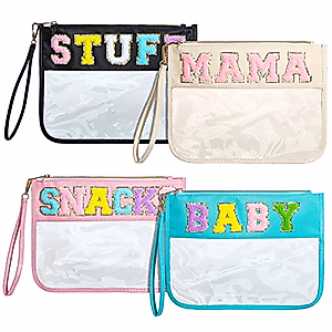 4 Pcs Chenille Letter Pouch Flat Nylon Clear Snack Bags Flat Multipurpose Zipper Makeup Bag for Travel Toiletry Bag Water-proof Cosmetic Pouch for Women Teen Girls (Simple Style)