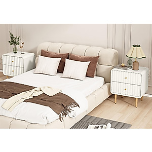 HLR Modern Nightstand Set of 2, Fluted Bed Side Table with 2 Drawers Storage, Wood End Table with Gold Metal Handle, White Night Stands for Bedroom