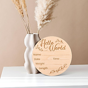 Wooden Baby Name Announcement Sign, 6inch Diameter Hello World Newborn Sign Birth Announcement Sign New Baby Sign for Hospital Nursery New Parents Baby Shower