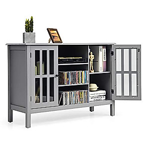 Tangkula TV Stand, Modern Tall Entertainment Center for TVs up to 50", Media Console w/2 Storage Cabinets & 3 Open Shelves, Wire Hole, Wood TV Console Table for Living Room, Grey