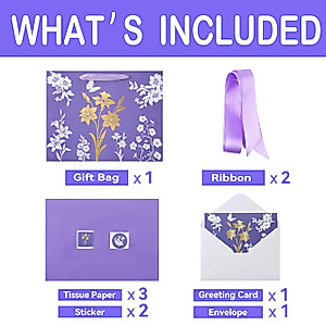 13" Large Purple Gift Bag Set with Greeting Card and Lavender Tissue Papers (Gold Foil Tree) for Women's Birthday Party, Mother's Day, Wedding, Girls