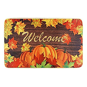 Pumpkin Welcome Mat for Indoor/Outdoor Bedroom Kitchen, Autumn Maple Leaves Welcome Doormats Thanksgiving Entrance, Low-Profile Floor Mat for Fall, 17 x 29 Inch