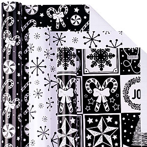 LeZakaa Christmas Wrapping Paper Mini Roll - Bell & Tree/Candy Canes/Snowflakes in Black & White for Gift Wrap, Arts Crafts - 17 x 120 inches - 3 Rolls (42.5 sq.ft.ttl.)
