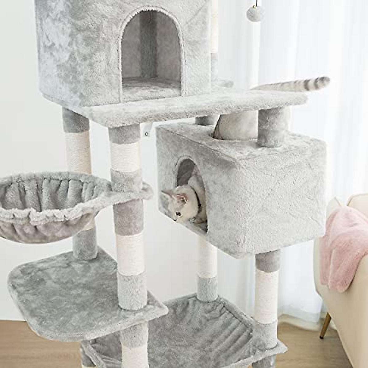 Kilodor Tall Cat Tree, 75inch Cat Tower Multi Level Condo with Large Hammocks, Scratching Posts,Plush Perches Cat Activity Center Light Gray