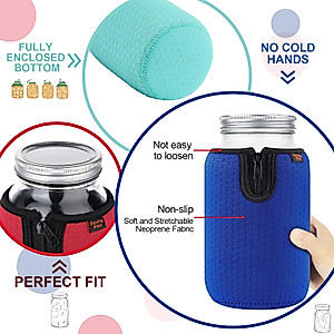 Desing Wish 64 oz Wide Mouth Mason Jar Neoprene Sleeve, 64oz Non-slip Cozy Insulated Glass Jars Protector Holder Sleeves 4.3 x 7.5 Inches - 4 Pack (Orange/Green/Cyan/Grey)