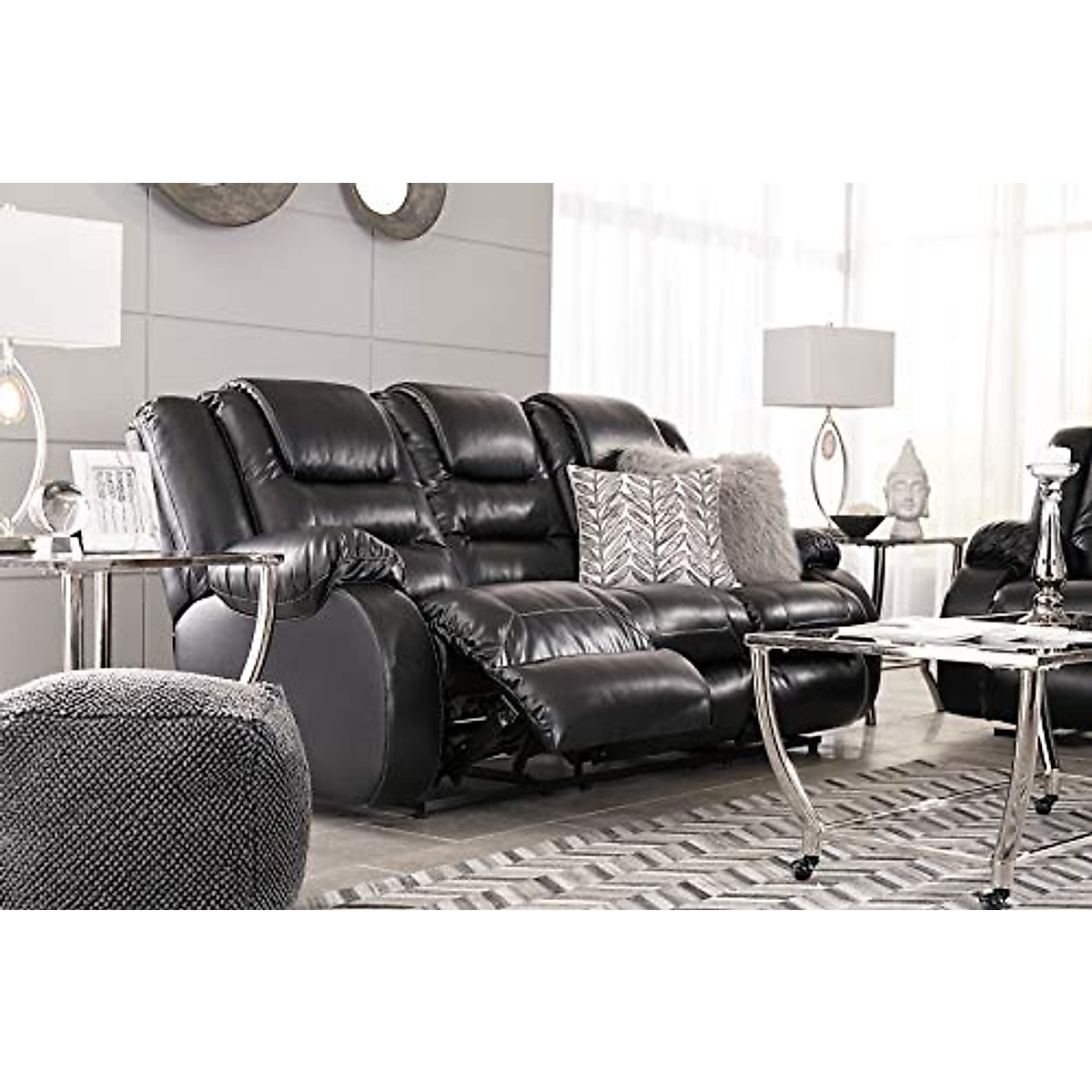 Signature Design by Ashley Vacherie Faux Leather Manual Pull-Tab Reclining Sofa, Black