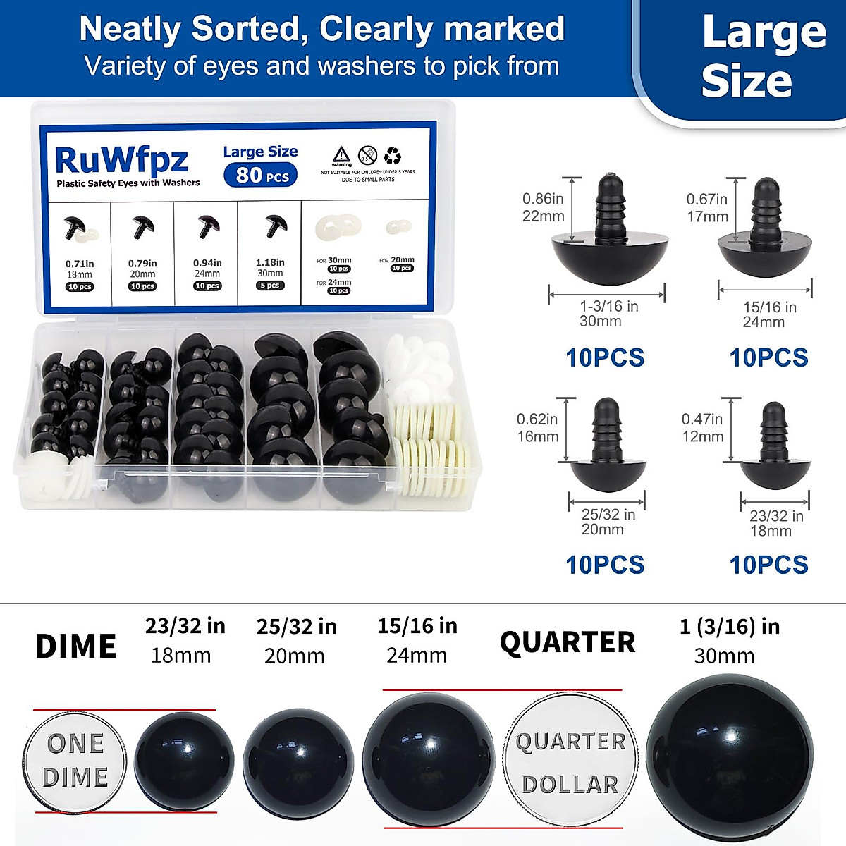 Large Safety Eyes for Amigurumi Crochet 18-30mm - RuWfpz 4 Sizes Stuffed Animal Eyes with Washers, 80Pcs Black Plastic Crochet Safety Eyes for Crafts Doll Bear Plush Animal