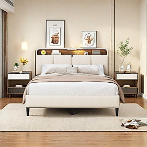 ChicFurnit Full Size Upholstered Platform Bed with Storage Headboard, Sensor Light and a Set of Sockets and USB Ports, Linen Fabric, Beige